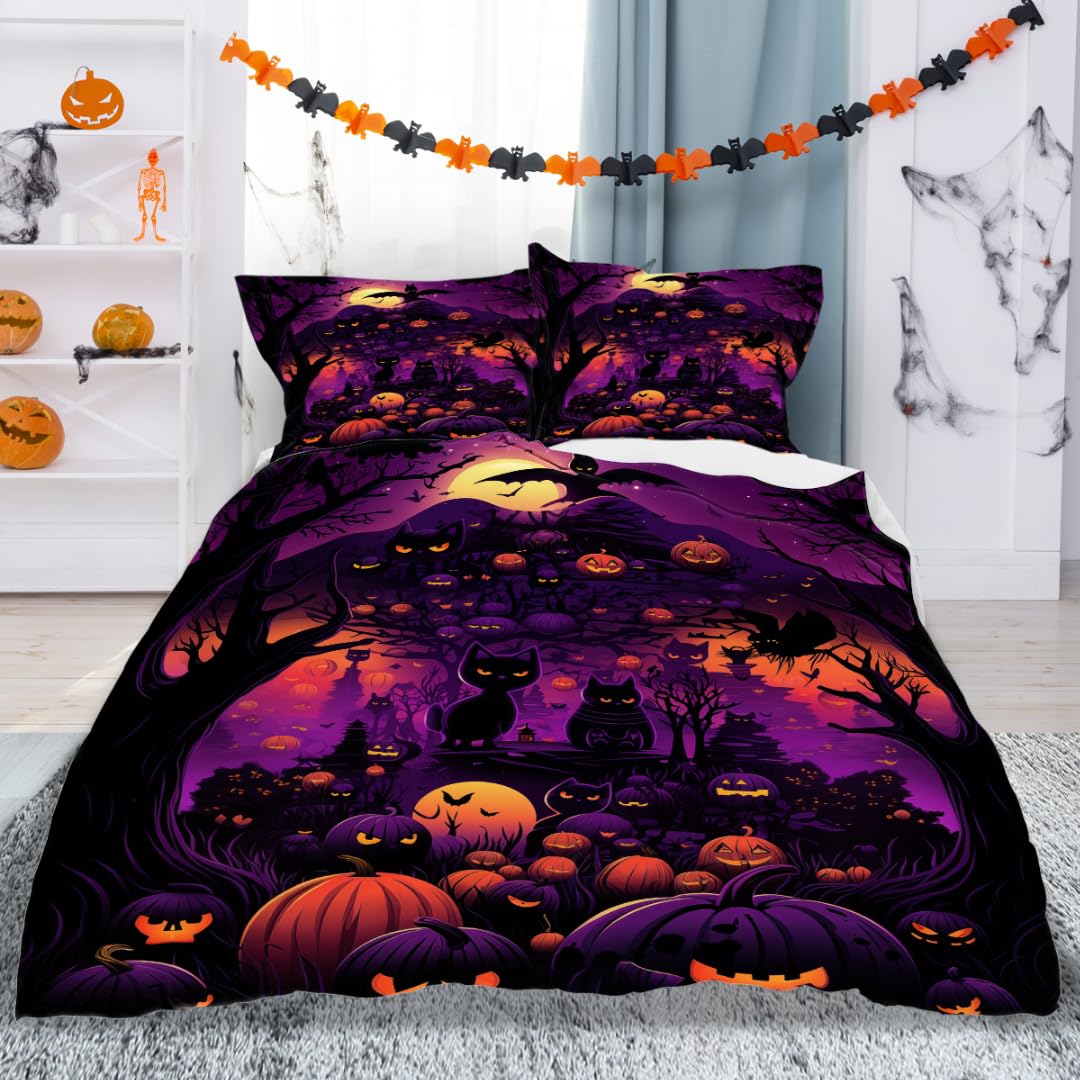 DiuuDi Halloween Elements Duvet Cover King Size 3D Printed Black Cat Pumpkin Tree Duvet Cover Set Purple and Orange Bedding Set Comforter Cover Cozy Quilt Cover with 2 Pillowcases