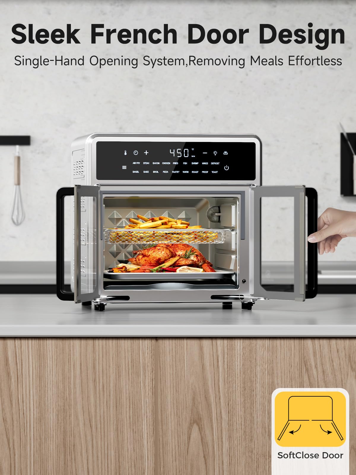 Air Fryer 15.8 Qt,French Door Toaster Oven Combo Compact Countertop Design,18 Presets & 1 Preheat & 1 Light,Easy Clean,Simple Panel,Multi Cooking,4 Accessories,Stainless Steel,Kitchen Elite