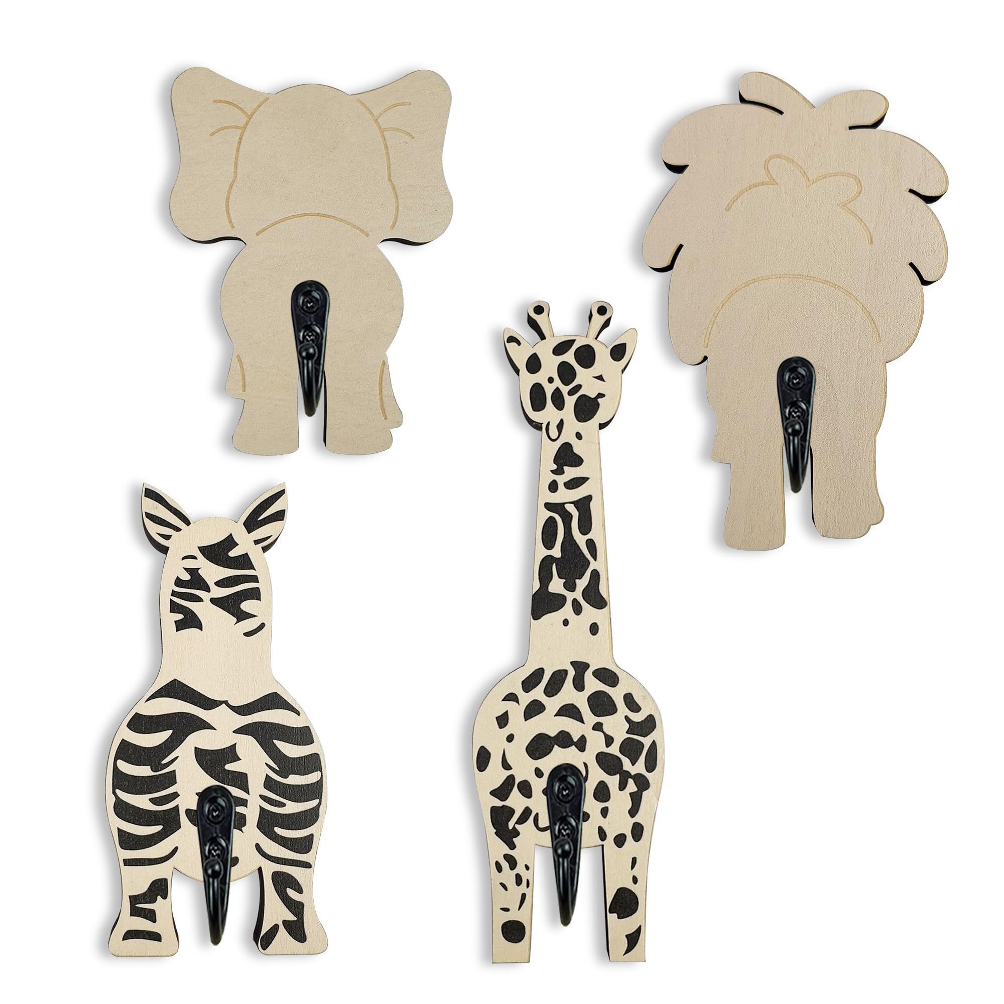 Midrean 4Pack Wooden Cute Unique Animal Nursery Kids Coat Rack Decorative Wall Mount Hooks Elephant Hook