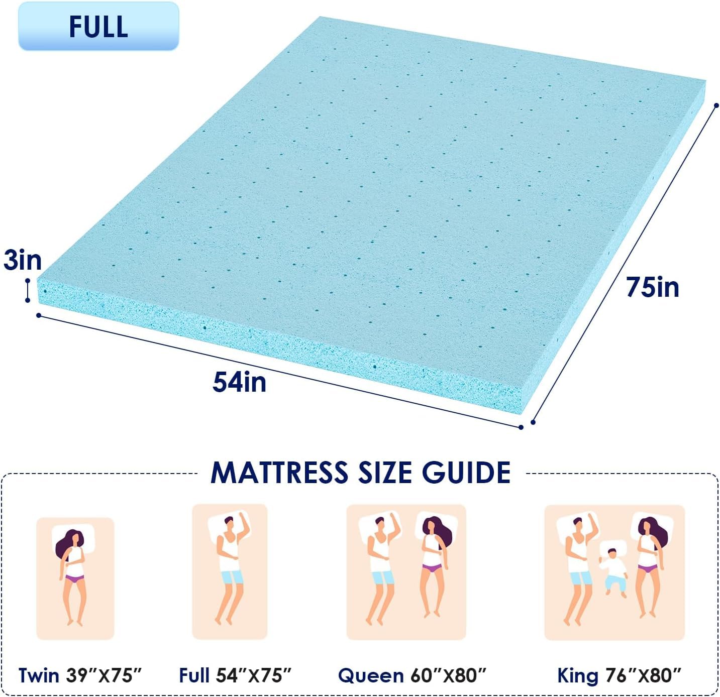 3 Inch Gel Memory Foam Mattress Topper, Mattress Topper, Memory Foam Mattress Pad, Cooling Gel Infused Mattress Topper, Soft Mattress Pads for Sleeper Sofa (Full)