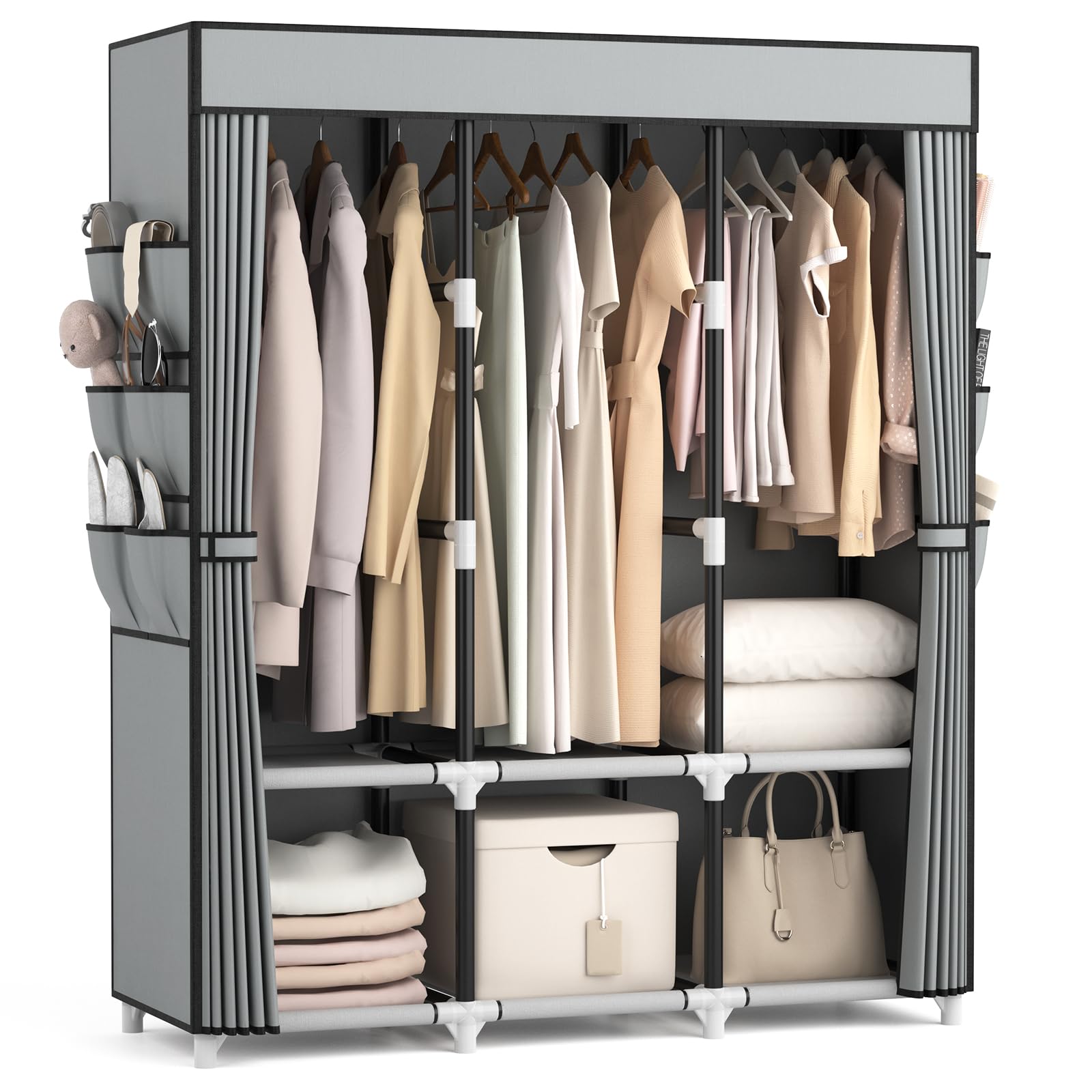 VTRIN Portable Closet, Wardrobe Closet for Hanging Clothes Closet with Cover, 3 Hanging rods, 6 Storage Shelves and Side Pockets, Diameter 19mm Metal Pipe, Free Standing Closet for Bedroom