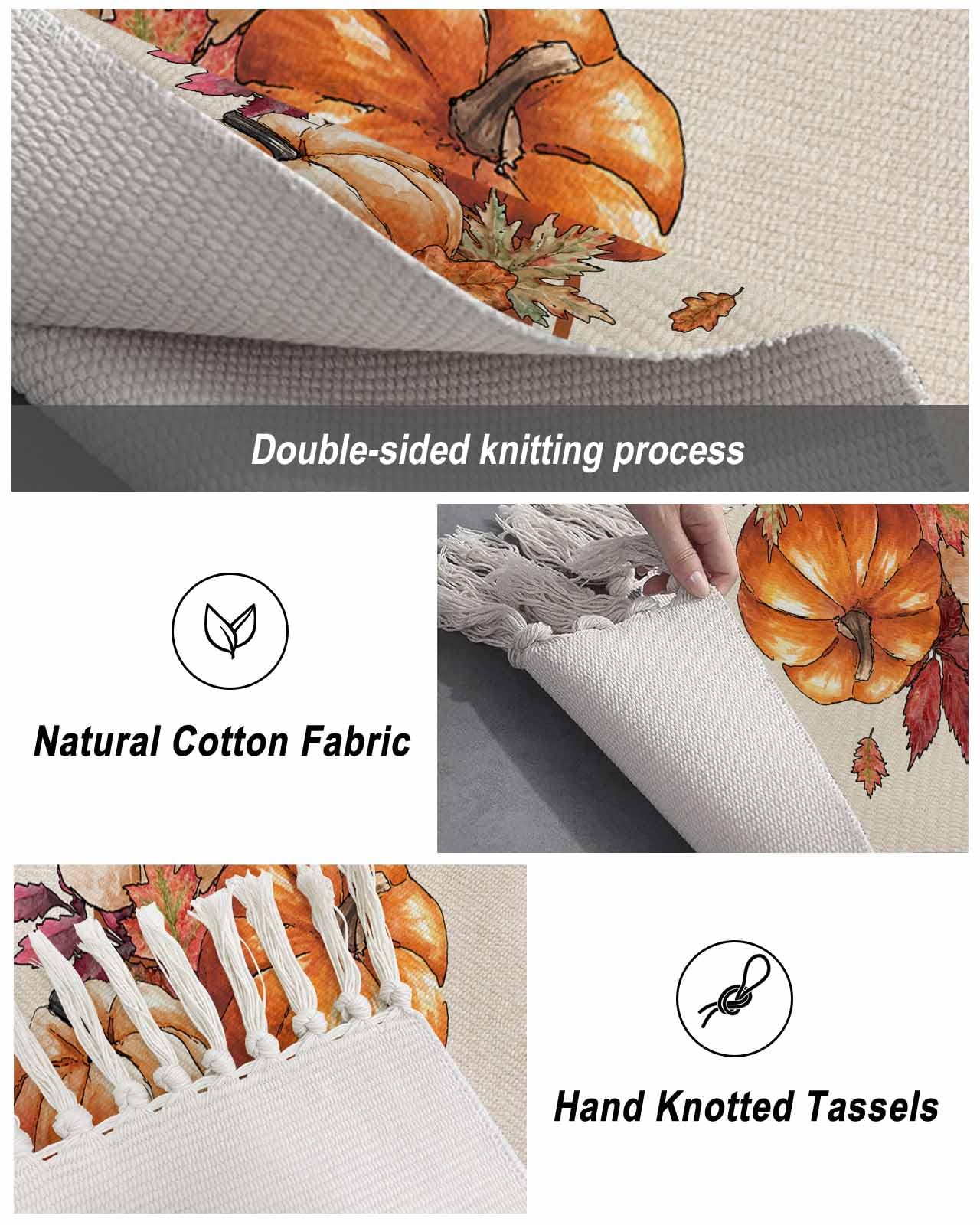 Fall Kitchen Runner Rug 2x5 Bedside Rug with Tassel Cotton Woven Throw Rugs Washable Hallway Runner Rug Thanksgiving Orange Pumpkin Maple Leaf Beige Floor Carpet for Bedroom Bathroom Living Room