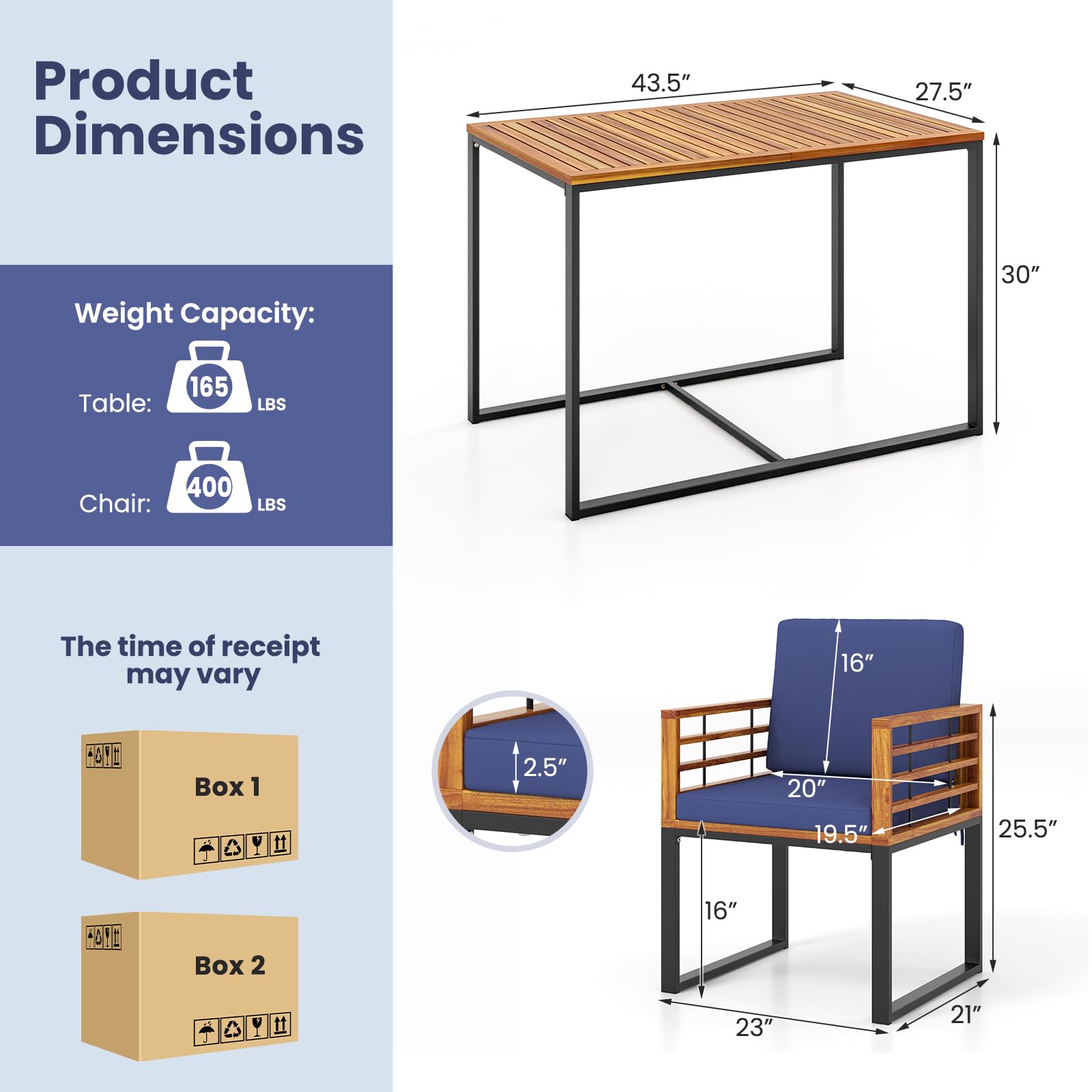 Tangkula 3 Piece Outdoor Dining Set, 2 Acacia Wood Armchairs with 43.5 Inch Dining Table, Heavy-Duty Metal Support, Cushioned Space-Saving Patio Furniture Set for Porch, Poolside