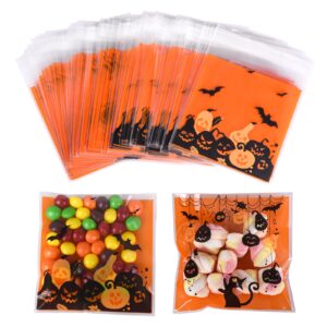 halloween cellophane bags, kuziua 100 pcs resealable halloween cellophane treat bags, sealed plastic cellophane gift bags with adhesive closure for snack, cookie & candies, 3.9 * 3.9 inches (2 style)