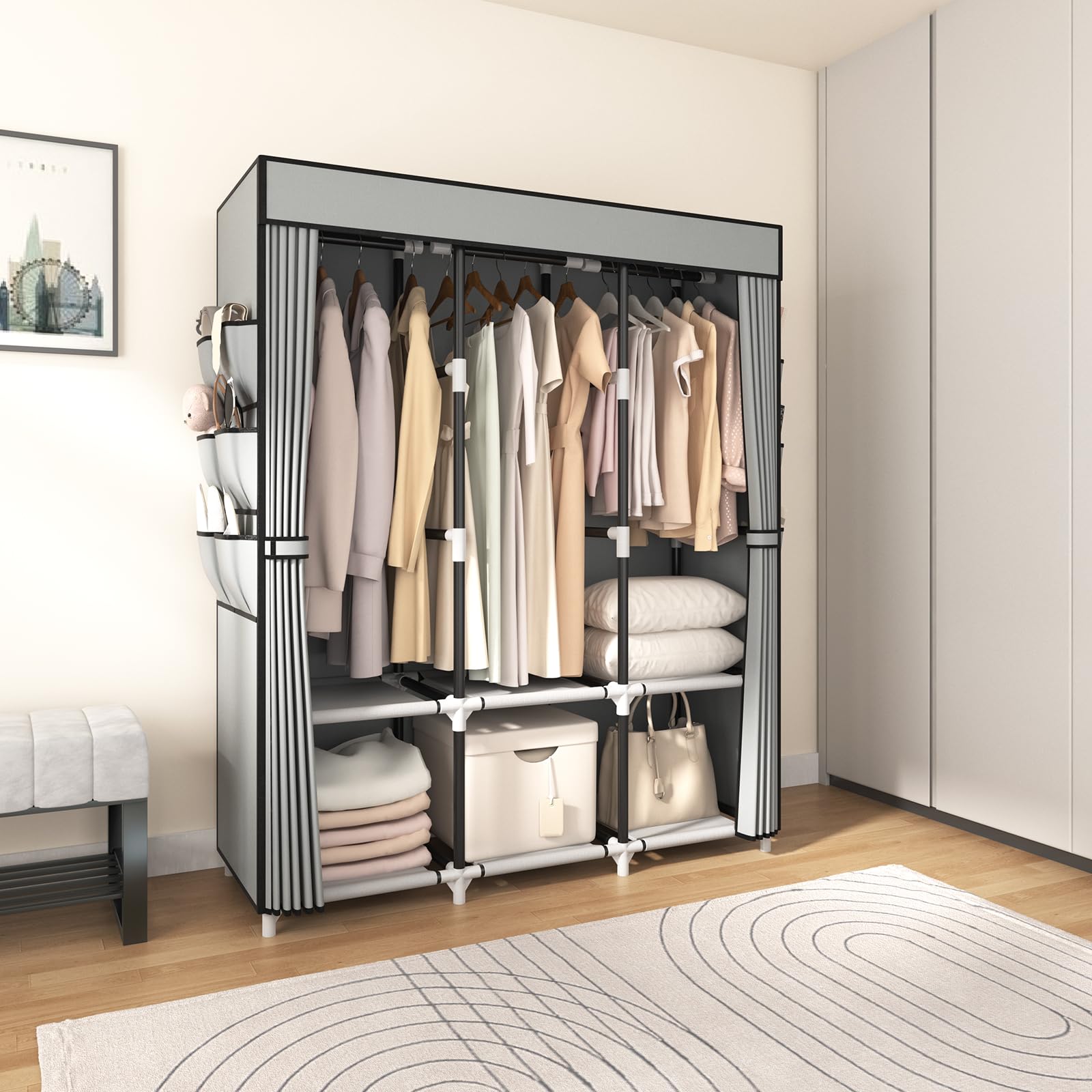 VTRIN Portable Closet, Wardrobe Closet for Hanging Clothes Closet with Cover, 3 Hanging rods, 6 Storage Shelves and Side Pockets, Diameter 19mm Metal Pipe, Free Standing Closet for Bedroom