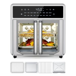 air fryer 15.8 qt,french door toaster oven combo compact countertop design,18 presets & 1 preheat & 1 light,easy clean,simple panel,multi cooking,4 accessories,stainless steel,kitchen elite