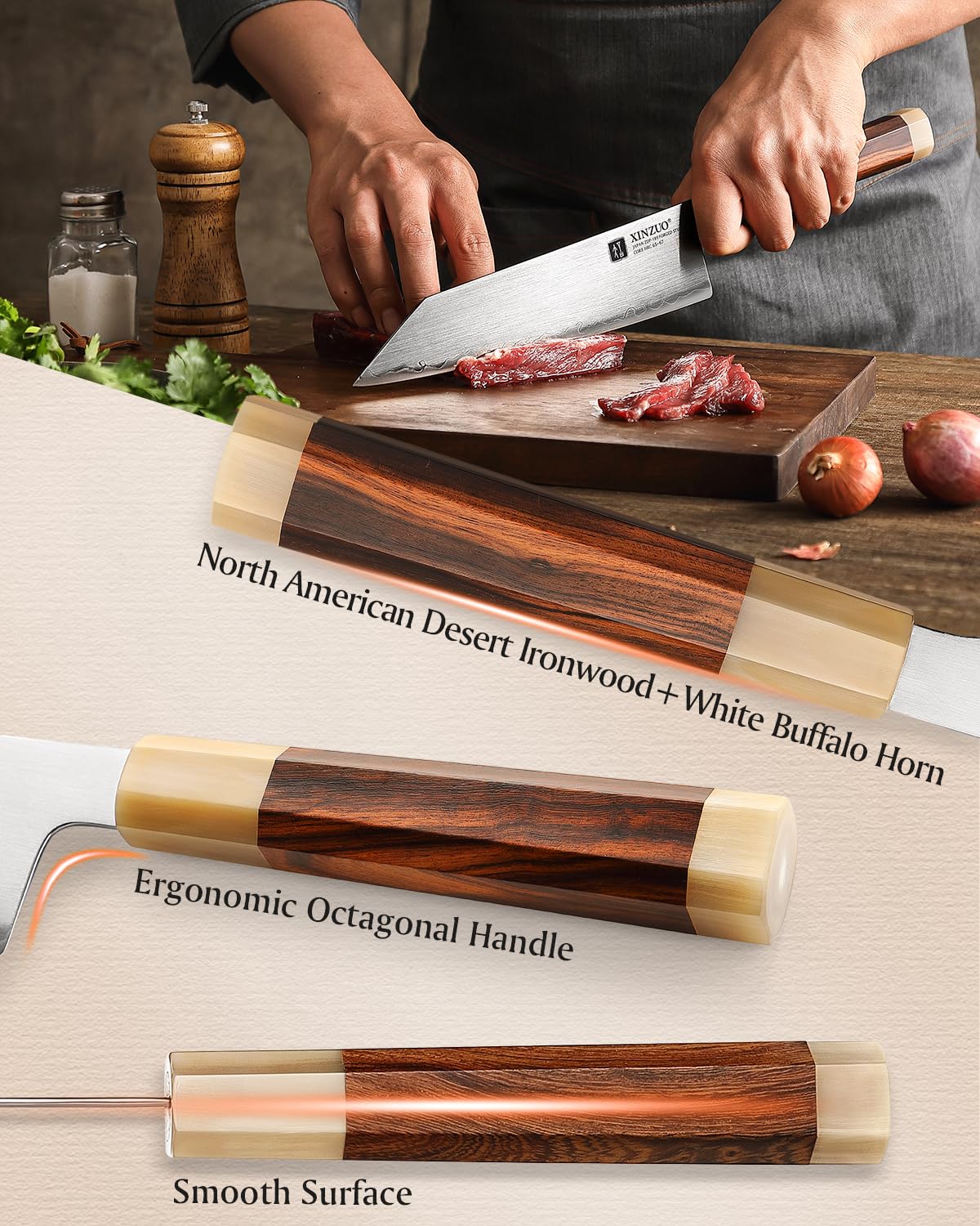 XINZUO 8 Inches Japanese Kiritsuke Chef Knife, Super ZDP-189 Steel Knife, Professional Cooking Knife for Chefs&Home, 67HRC, Ergonomic Octagonal Handle with Desert Ironwood