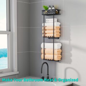 HapiRm Towel Rack Bathroom Storage - 3 Tier Over The Door Towel Rack with Metal Shelf Basket and 6 Hooks, Wall Mount Towel Holder, Rolled Towel Organizer for Small Bathroom (Black)