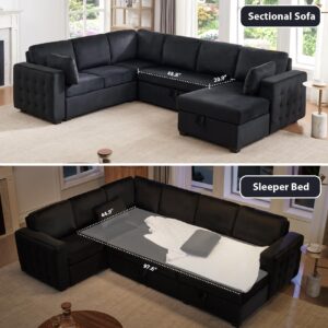 mestyl Convertible Pull Out Sleeper Sofa Bed with Storage Chaise, Oversized U Shaped Sectional Couch Bed with 2 Pillows, Comfy Large L Shaped Pullout Couches Bed for Living Room, Velvet, Black, MT002