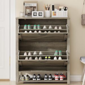 Shoe Cabinet with 2 Flip Drawers, Farmhouse Shoe Storage Cabinet for Entryway, Freestanding Shoe Organizer with Open Storage Rack, Narrow Shoe Rack Cabinet, Grey