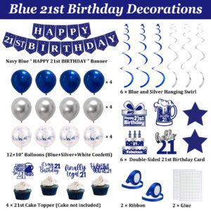 21st Birthday Decorations for Boys Girls, Blue Silver Happy 21st Birthday Party Decorations, Happy 21st Birthday Backdrop, Banner, Balloons, Hanging Swirls, Birthday Cards, Cake Toppers, Pompoms 54pcs