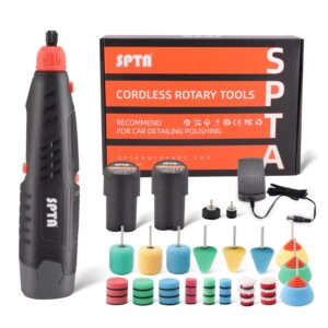 cordless rotary tool, spta cordless mini car polisher, 36pcs 12v li-ion battery ivt 5,000-25,000 rpm small buffer polisher polishing foam pad set for polishing sanding