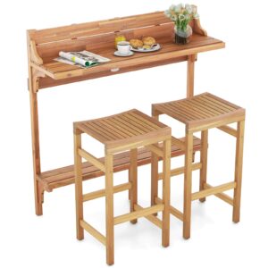 tangkula 3 pieces acacia wood balcony table set, outdoor bar height table & 2 bar stools w/shelf, footrest, curved wood seat, back rail for assembly, for balcony, patio and small outside space (1)