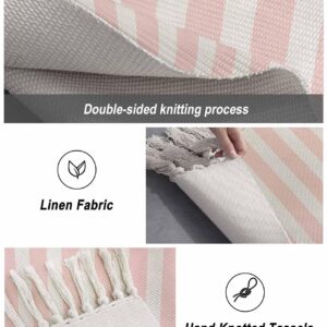 Pink Stripe Bath Rug 2x3ft Woven Bathroom Entryway Runner Rug,White Geometric Striped Modern Boho Minimalist Art Washable Living Room Hallway Bedroom Kitchen Carpet with Tassels Indoor Throw Doormat