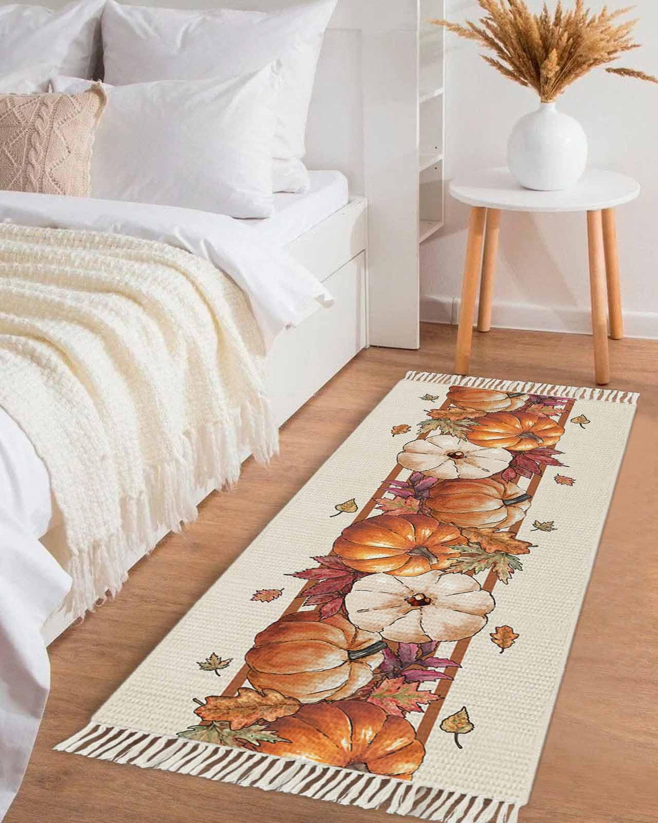 Fall Kitchen Runner Rug 2x5 Bedside Rug with Tassel Cotton Woven Throw Rugs Washable Hallway Runner Rug Thanksgiving Orange Pumpkin Maple Leaf Beige Floor Carpet for Bedroom Bathroom Living Room