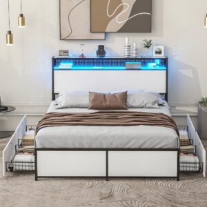 Queen Metal Headboard and Frame, Bed Frame and Headboard, Storage bed with LED Storage Headboard and 4 Storage Drawers, Charging Station, No Box Spring Needed, Noise Free, Easy Assembly-White