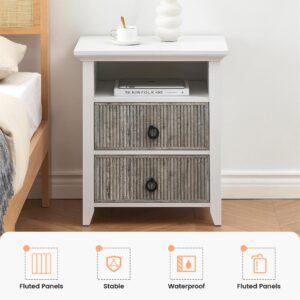 IDEALHOUSE Nightstand Set of 2, Nightstand with 2 Drawers, Open Shelf and Ripple Pattern, Nightstand for Bedroom Living Room Small Space, Fluted Night Stand Easy Assembly, Grey