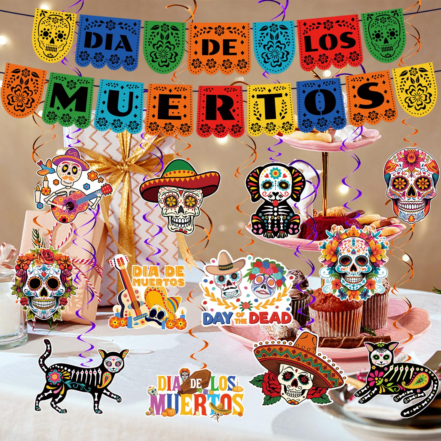 Day of the Dead Decorations for Altar NO-DIY Dia De Los Muertos Party Supplies Include 2pcs Dia De Los Muertos Banner and 12pcs Double Sided Day of the Dead Hanging Swirl for Mexican Halloween Party