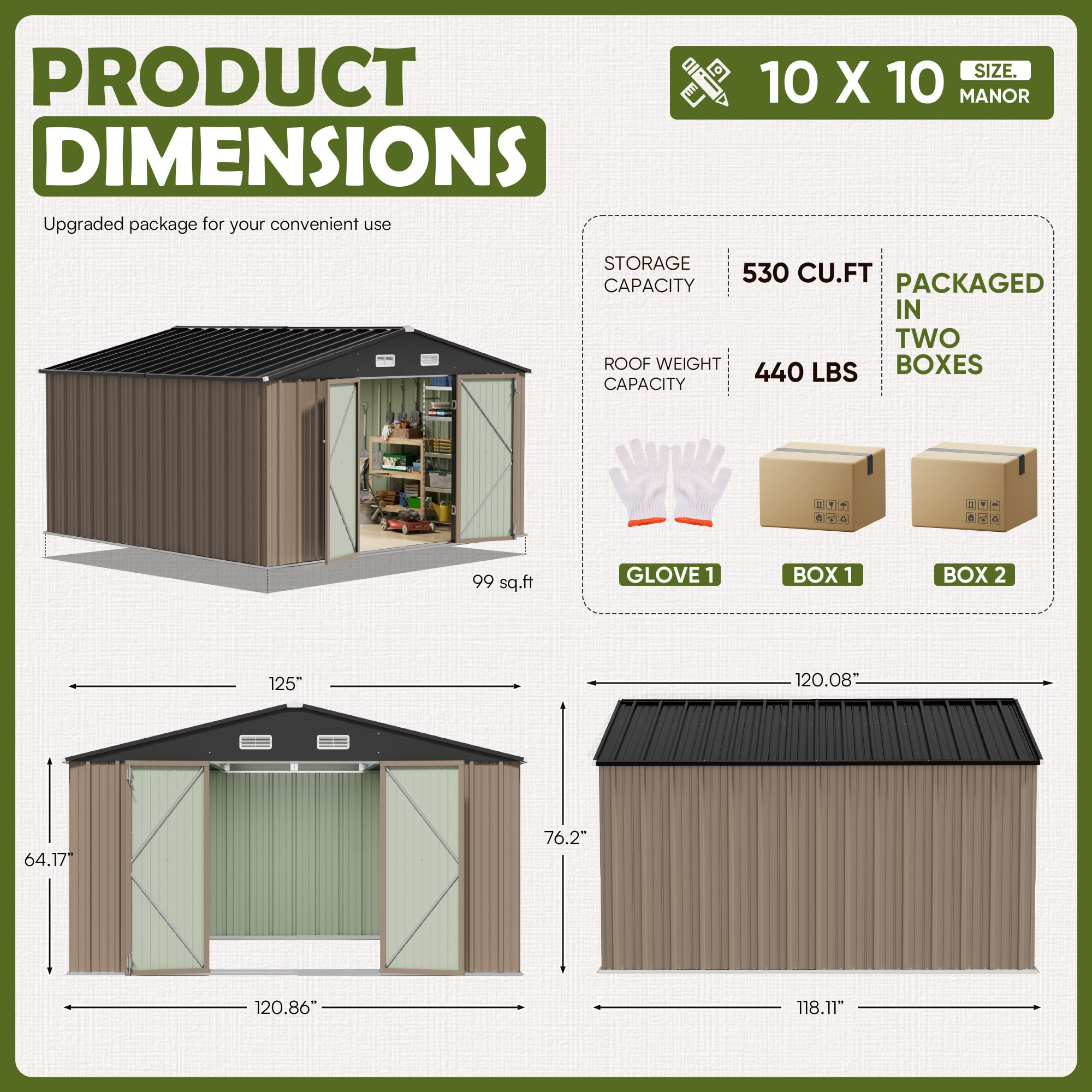 TREEVAN Outdoor Storage Sheds 10x10 FT, Outdoor Metal Shed with Vents and Lockable Door for Patio Storage, Brown