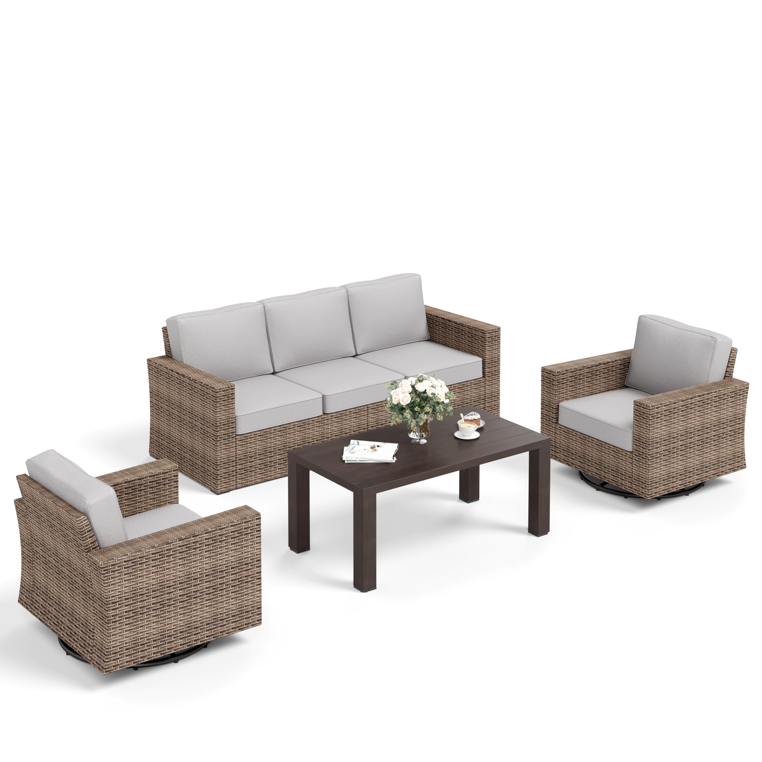 SUNSHINE VALLEY Swivel Glider 4 Piece Patio Furniture Set with Swivel Chairs, Patio Set with 4.92" Extra Wide Armrest, Wicker Patio Furniture with 26.3" Deep Seating and 5.5" Thick Cushions, Grey