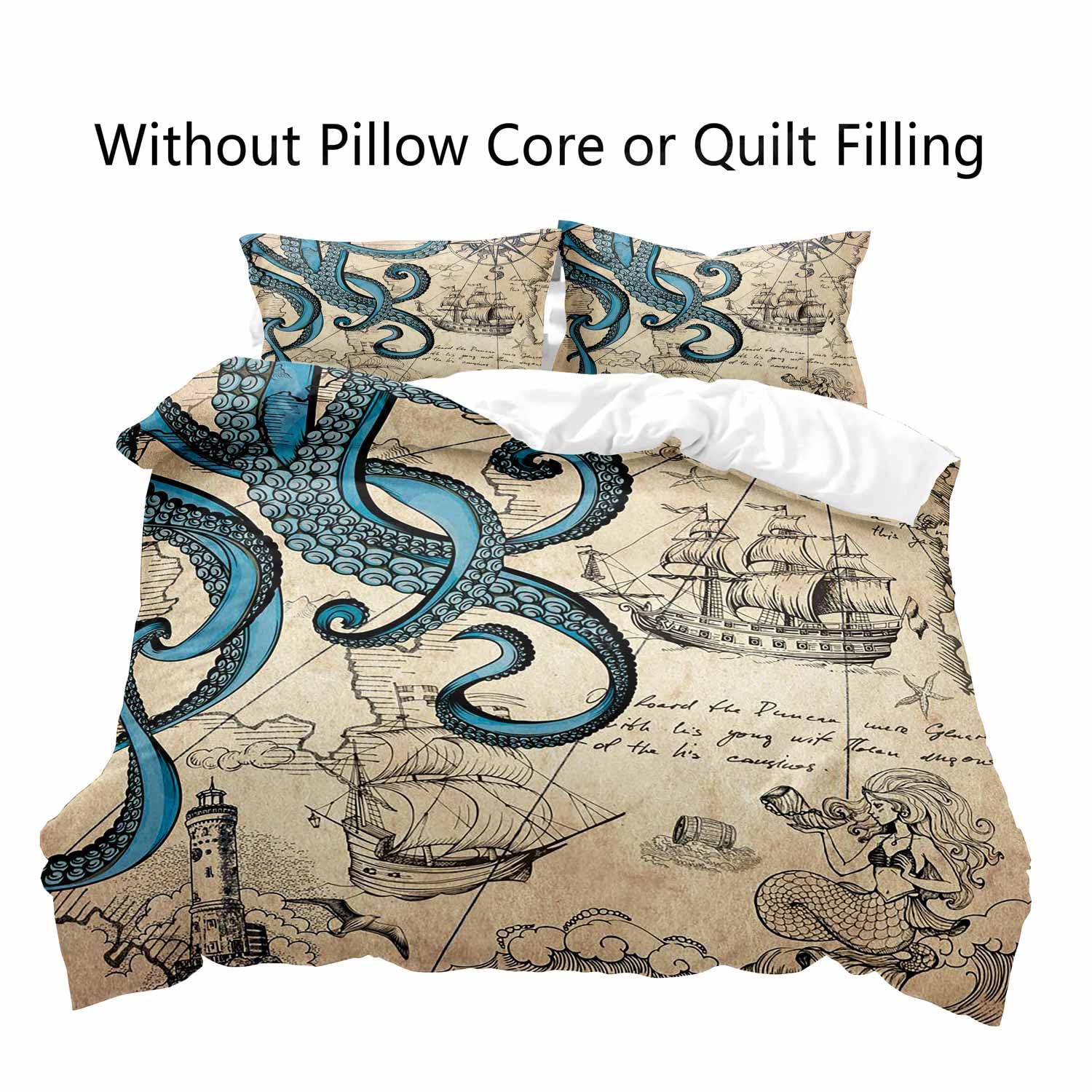 LUVIVIHOME 3PCS Ocean Octopus Duvet Cover Queen Bedding Sets, Nautical Coastal Sailboat Lighthouse Mermaid Teal Kraken Tentacles Marine Sea Animal Vintage Brown Comforter Quilt Cover, 2 Pillow Cases