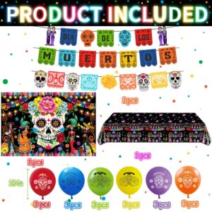 Day of The Dead Decorations Includes 3 Dia de Los Muertos Banner, 18 Latex Balloons,1 Backdrop, 1 Table Cloth,Sugar Skull Dia De Los Muertos Decoration for Halloween Mexican Fiesta Supplies