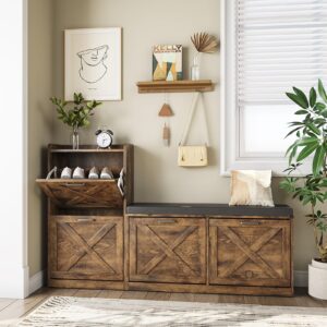 vabches shoe storage bench with 4 flip drawers & padded seat cushion, farmhouse shoe storage for entryway, narrow hallway shoe bench, rustic brown