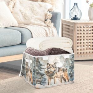 senya Winter Baskets Collapsible Storage Bins with Lids, Wolf Snow Winter Storage Boxes Clothes Baskets for Organizing