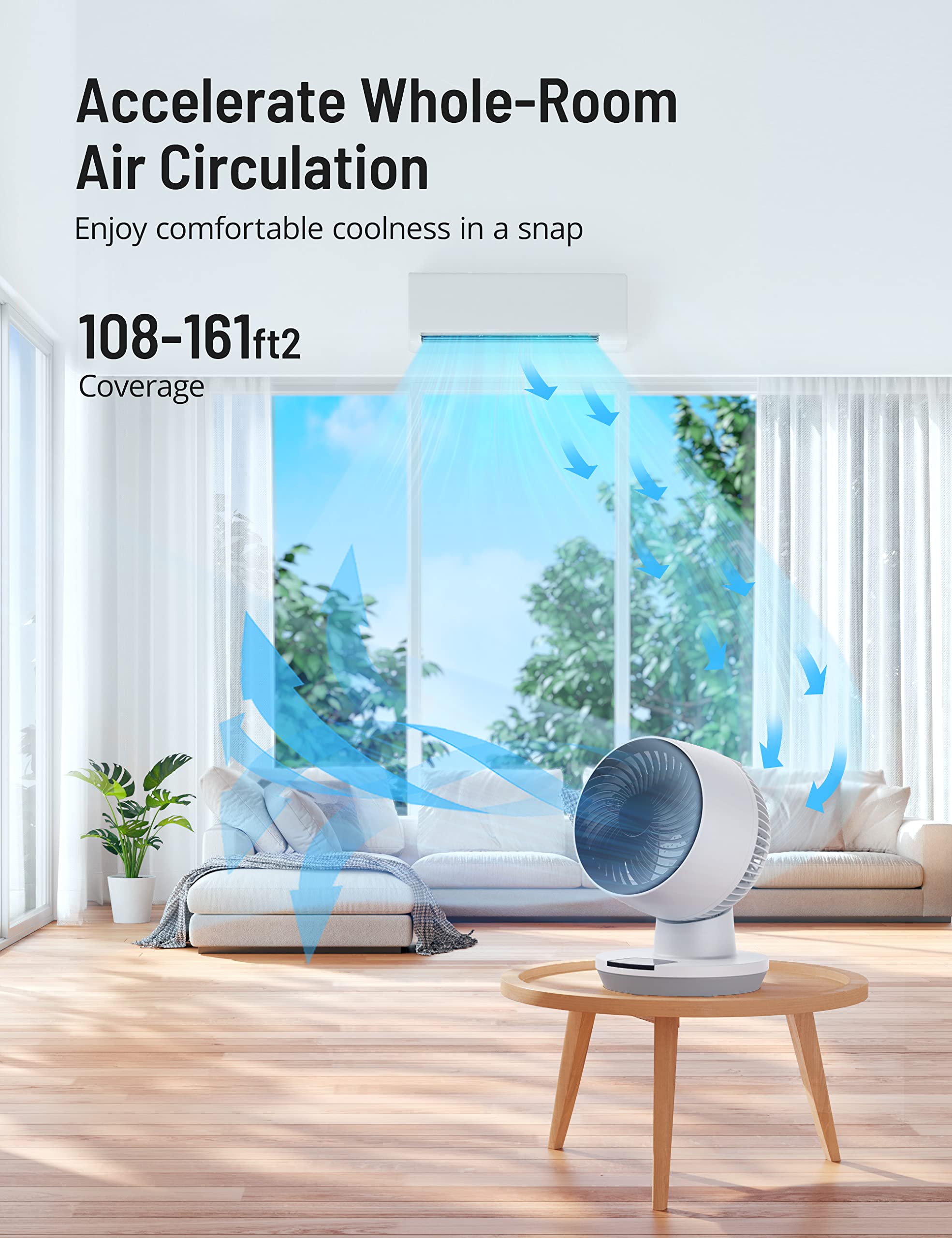 Mirdred Air Circulator Fan, 11 Inch Oscillating Table Fan with LED Display, 70ft Powerful Airflow, 120° Adjustable Tilt, 8H Timer, 3 Speeds, Quiet Desk Fan for Living Room, Office, Home