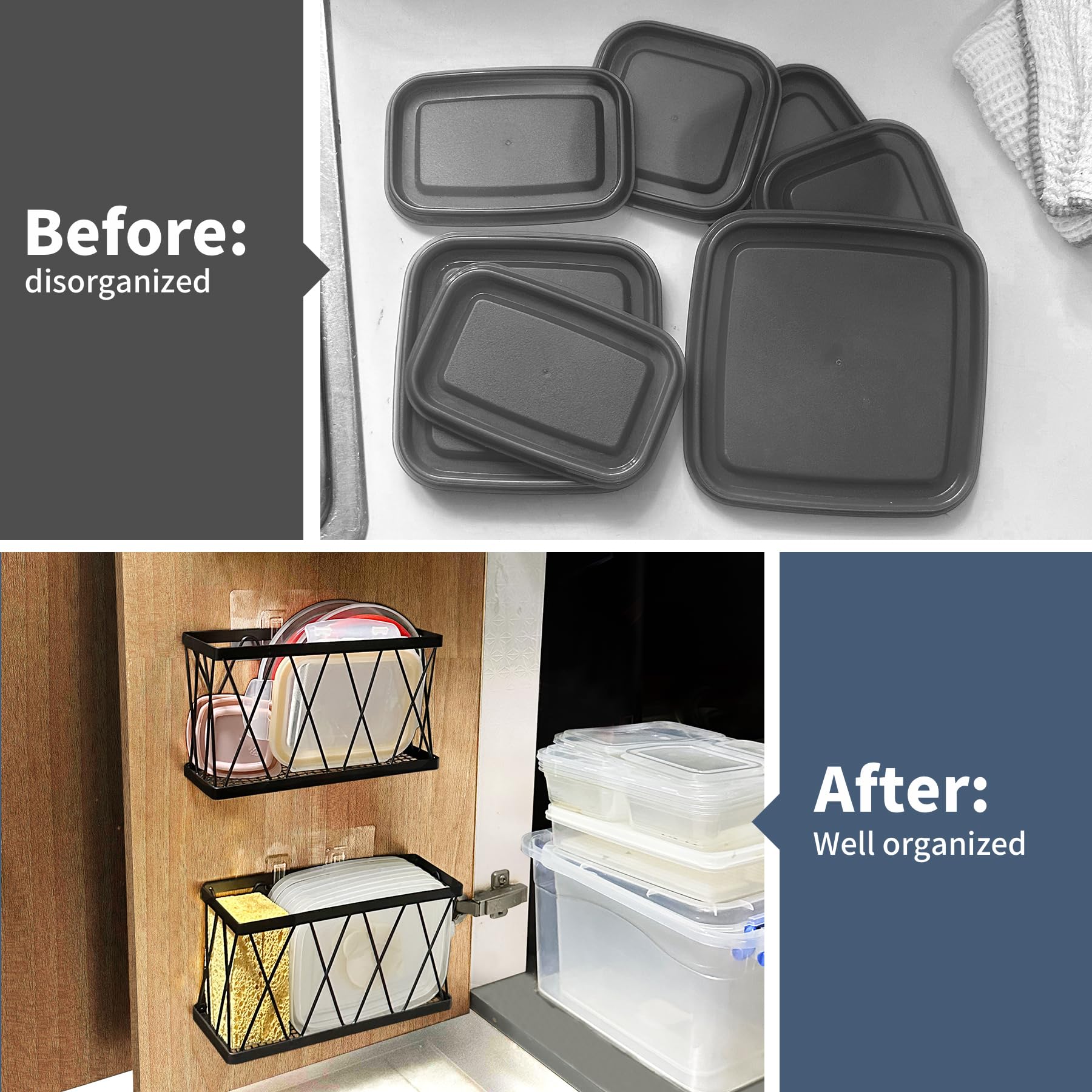 Rise age Tupperware Organizer for Cabinet, Adhesive Cabinet Door Organizer Wall Mounted Lid Organizer No Drill Kitchen Cabinet Organizers Storage for Slim Space 3 Pcs Black Stainless Steel