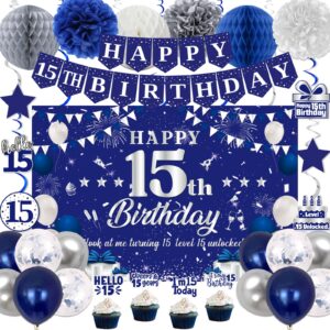 15th birthday decorations for boys girls, blue silver happy 15th birthday party decorations, happy 15th birthday backdrop, banner, balloons, hanging swirls, birthday cards, cake toppers, pompoms 54pcs