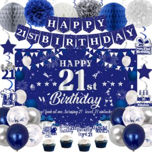 21st birthday decorations for boys girls, blue silver happy 21st birthday party decorations, happy 21st birthday backdrop, banner, balloons, hanging swirls, birthday cards, cake toppers, pompoms 54pcs