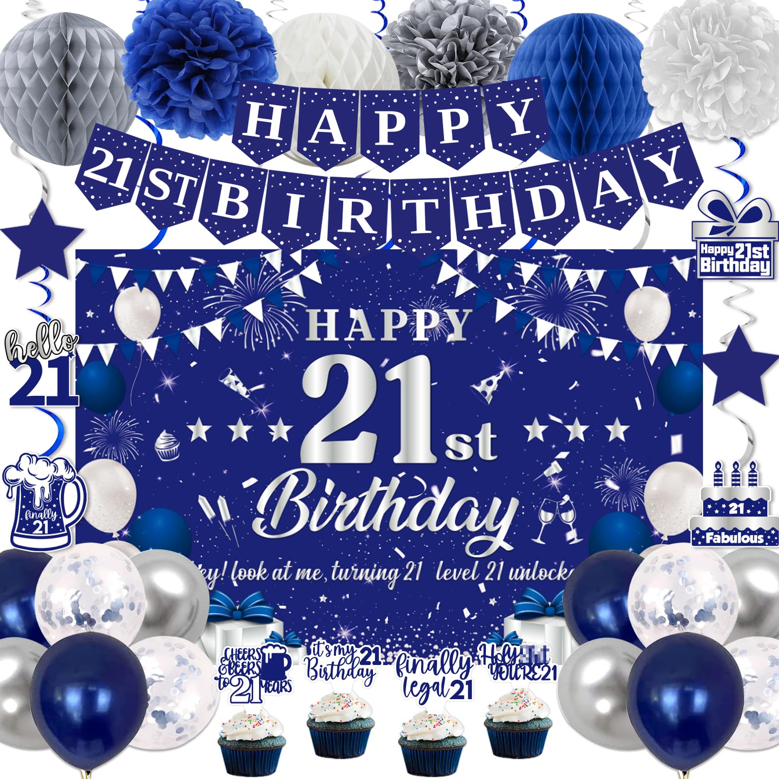 21st Birthday Decorations for Boys Girls, Blue Silver Happy 21st Birthday Party Decorations, Happy 21st Birthday Backdrop, Banner, Balloons, Hanging Swirls, Birthday Cards, Cake Toppers, Pompoms 54pcs