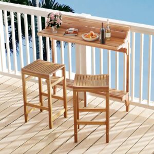 Tangkula 3 Pieces Acacia Wood Balcony Table Set, Outdoor Bar Height Table & 2 Bar Stools w/Shelf, Footrest, Curved Wood Seat, Back Rail for Assembly, for Balcony, Patio and Small Outside Space (1)