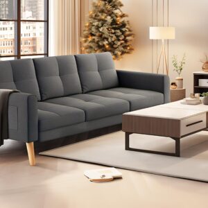 Gizoon 67” Sofa Couch with Soft Armrest Small Sofa Seat with 3 Comfy Pillows for Bedroom 2-Seater Couch for Living Room Teenagers Room Office and Small Spaces, Dark Gray