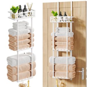 hapirm towel rack bathroom storage - 3 tier over the door towel rack with metal shelf basket and 6 hooks, wall mount towel holder, rolled towel organizer for small bathroom (white)