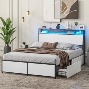 queen metal headboard and frame, bed frame and headboard, storage bed with led storage headboard and 4 storage drawers, charging station, no box spring needed, noise free, easy assembly-white