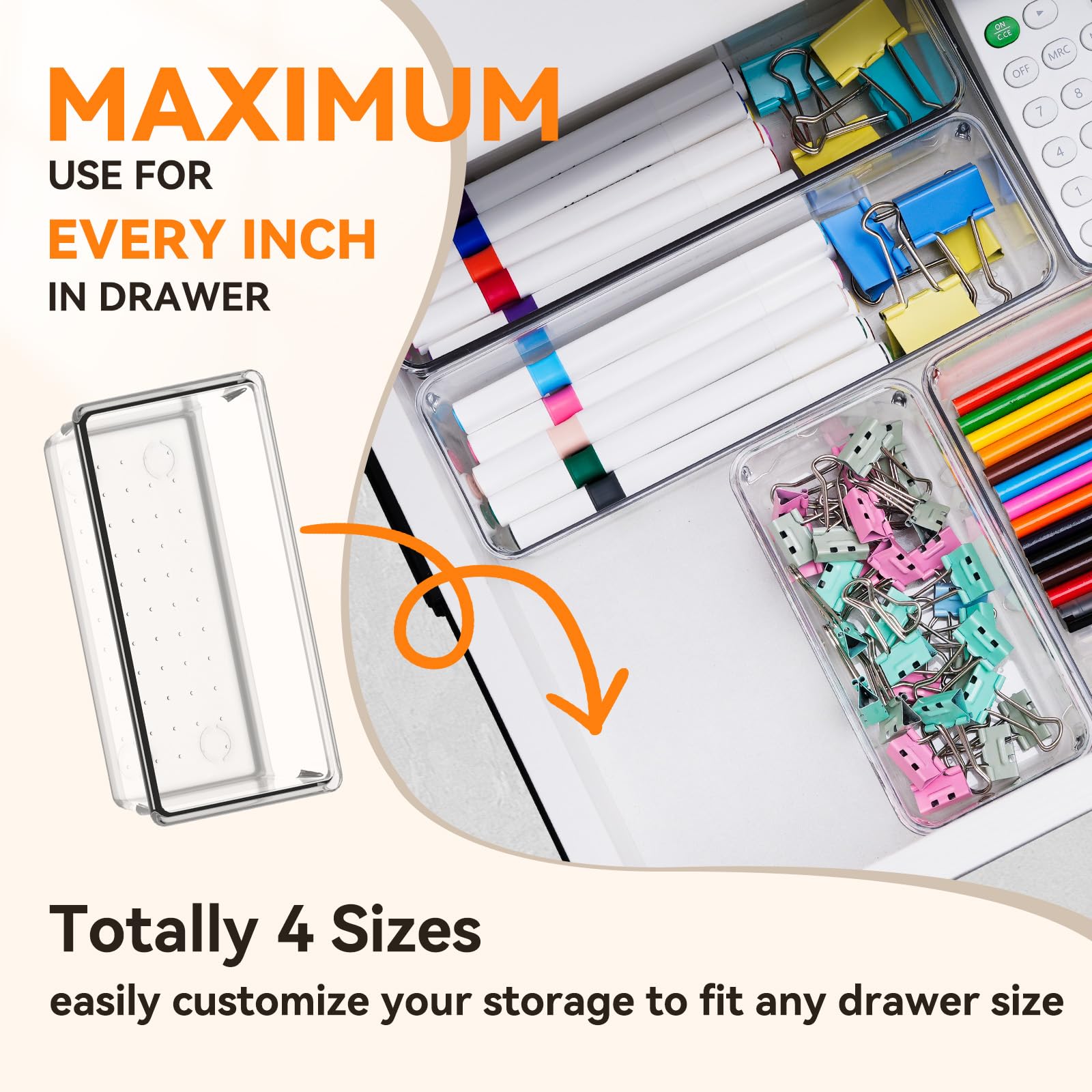 Criusia LARGE Drawer Organizer, 8 Pack Clear Plastic Kitchen Drawer Organizer Dividers, Perfect 4 Sizes Organization and Storage Bins for Organizing Bathroom, Makeup Vanity, Kitchen, Office