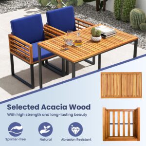 Tangkula 3 Piece Outdoor Dining Set, 2 Acacia Wood Armchairs with 43.5 Inch Dining Table, Heavy-Duty Metal Support, Cushioned Space-Saving Patio Furniture Set for Porch, Poolside