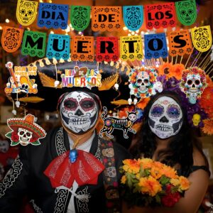 Day of the Dead Decorations for Altar NO-DIY Dia De Los Muertos Party Supplies Include 2pcs Dia De Los Muertos Banner and 12pcs Double Sided Day of the Dead Hanging Swirl for Mexican Halloween Party