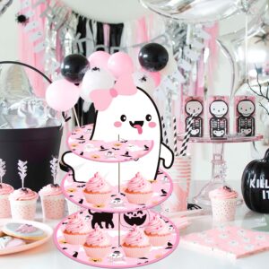 Halloween Cupcake Stand Decorations 3-Tier Pink Halloween Ghost Cake Stand Tower for Halloween Little Boo Theme Birthday Baby Shower Party Pumpkin Bat Witch Theme Party Supplies