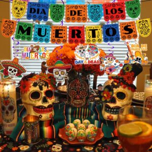 Day of the Dead Decorations for Altar NO-DIY Dia De Los Muertos Party Supplies Include 2pcs Dia De Los Muertos Banner and 12pcs Double Sided Day of the Dead Hanging Swirl for Mexican Halloween Party