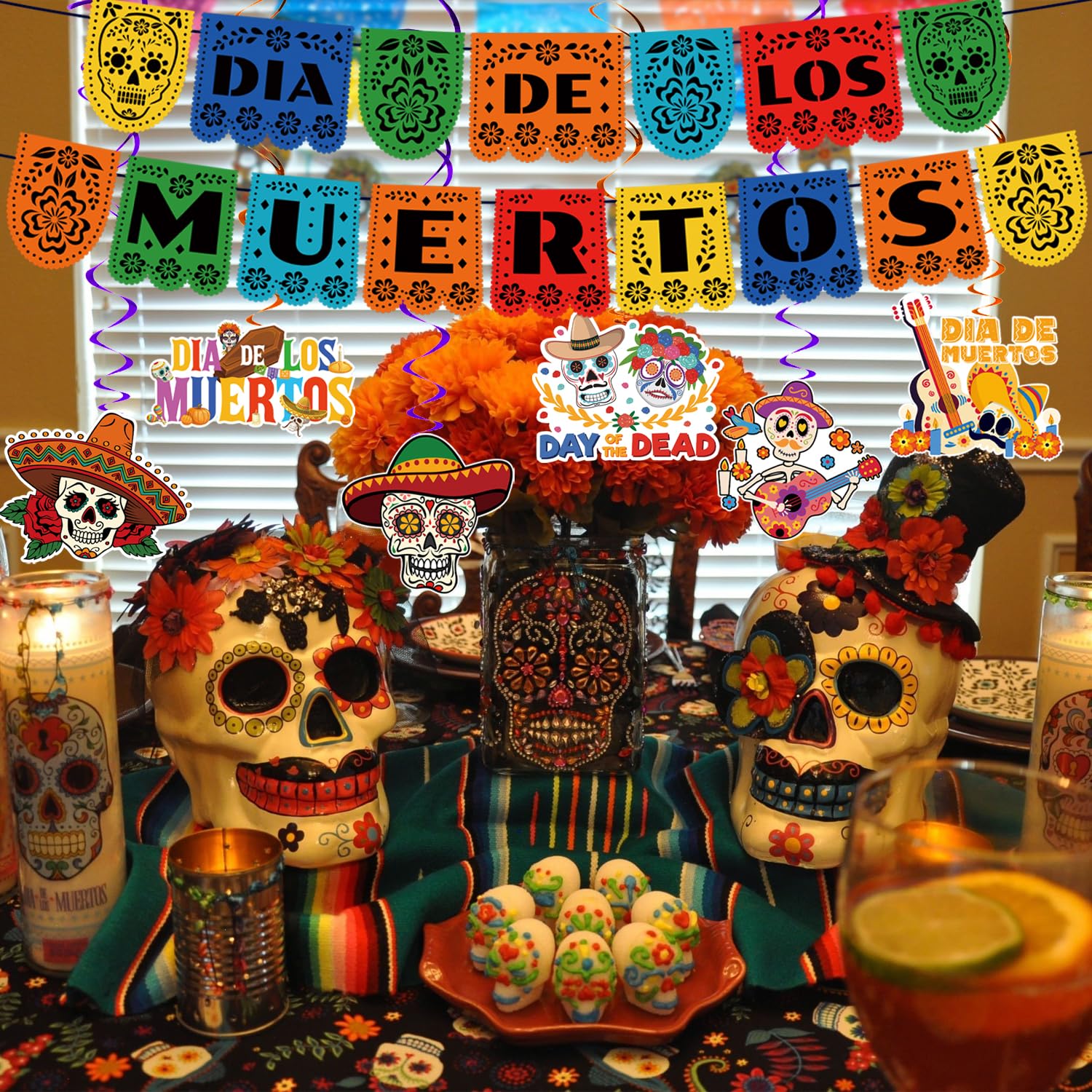 Day of the Dead Decorations for Altar NO-DIY Dia De Los Muertos Party Supplies Include 2pcs Dia De Los Muertos Banner and 12pcs Double Sided Day of the Dead Hanging Swirl for Mexican Halloween Party