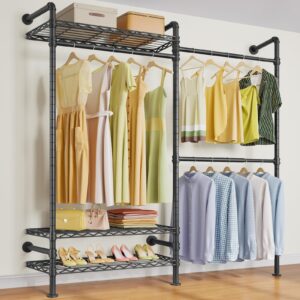 timate f2 industrial pipe clothes rack wall mounted clothing rack for hanging clothes, expandable garment rack heavy duty wardrobe closet organizer and storage, black adjustable industrial closet kit