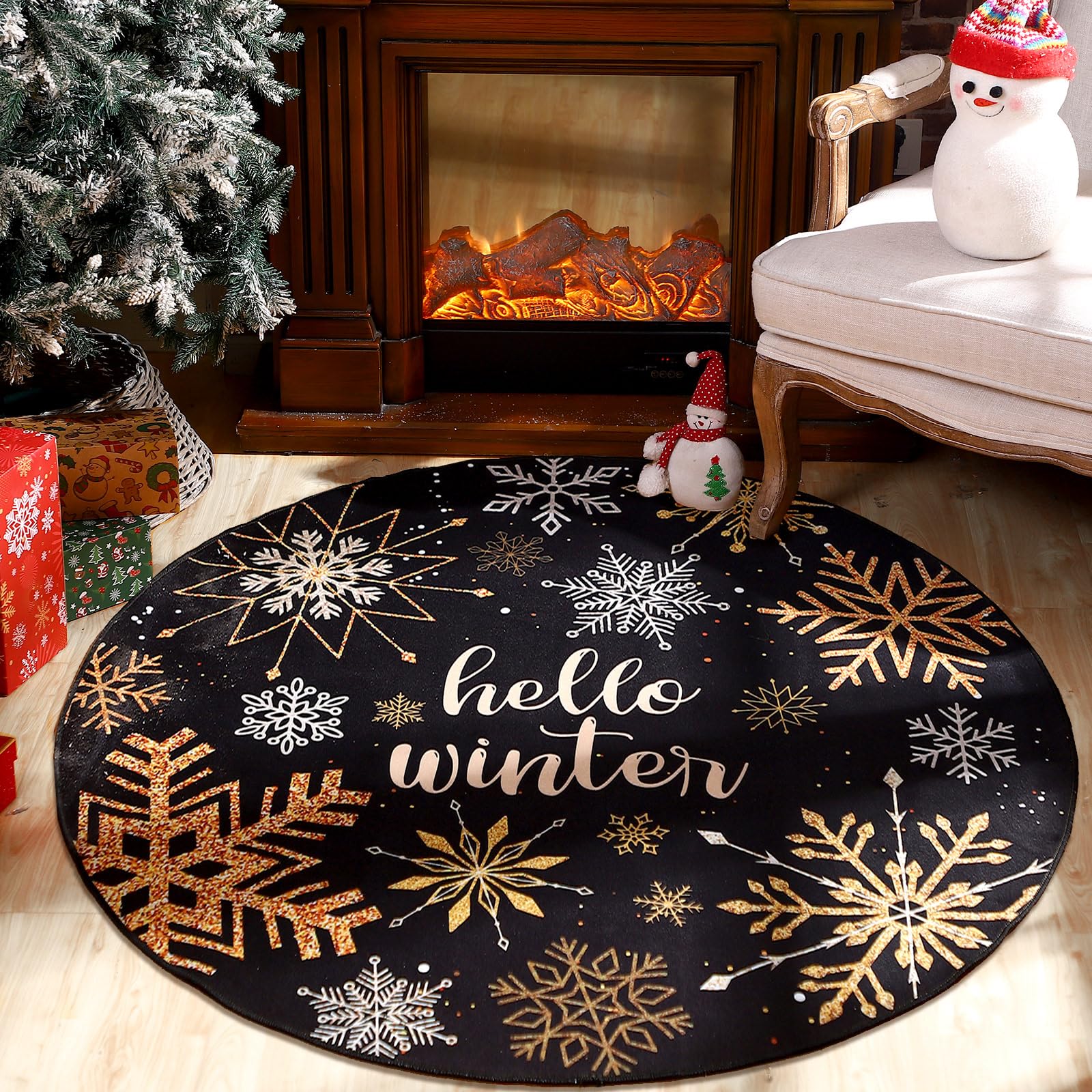 Harrycle 4ft Christmas Round Snowflakes Rug Christmas Area Rug Winter Entry Carpet Soft Xmas Large Snowflake Decor Carpet Winter Cute Sofa Circle Floor Carpets for Bedroom Nursery Living Room