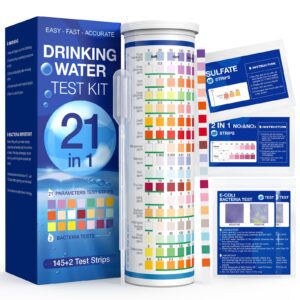 21 in 1 drinking water testing kit, 145 test strips - mighty care home tap and well water test kit for hardness, lead, iron, copper, chlorine, fluoride