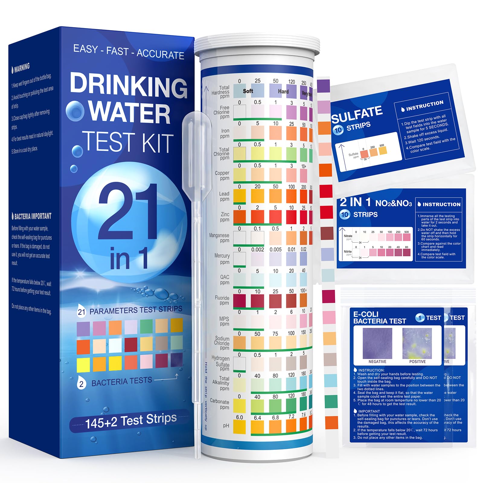 21 in 1 Drinking Water Testing Kit, 145 Test Strips - Mighty Care Home Tap and Well Water Test Kit for Hardness, Lead, Iron, Copper, Chlorine, Fluoride