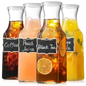 set of 4 square glass carafe with lid, 1 liter clear glass pitcher, beverage serveware carafe for mimosa bar, brunch, cold water, juice, milk, iced tea, lemonade