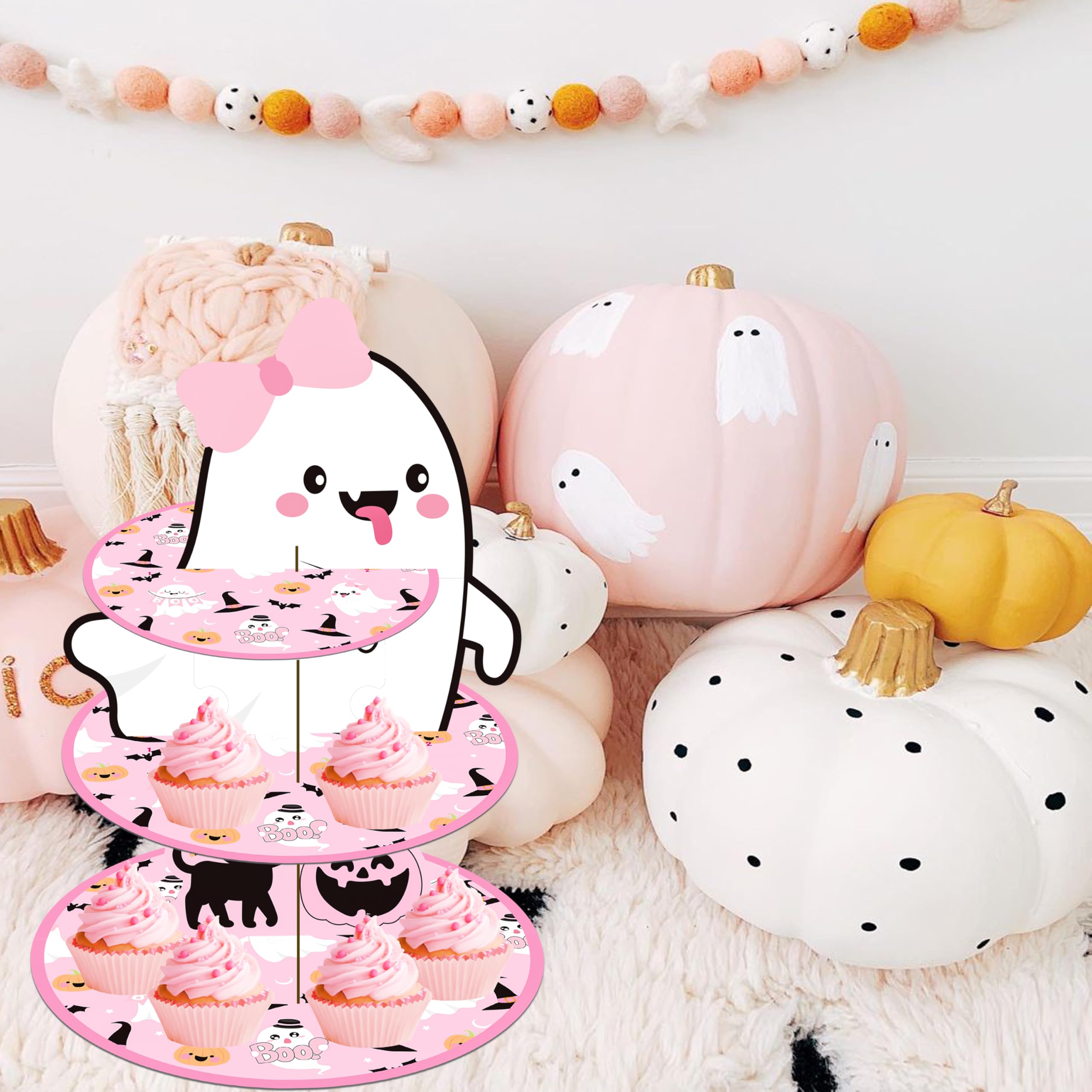 Halloween Cupcake Stand Decorations 3-Tier Pink Halloween Ghost Cake Stand Tower for Halloween Little Boo Theme Birthday Baby Shower Party Pumpkin Bat Witch Theme Party Supplies