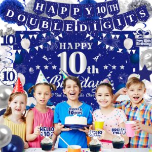 10th Birthday Decorations for Boys Girls, Blue Silver Happy 10th Double Digits Party Decorations, Happy 10th Birthday Backdrop, Banner, Balloon, Hanging Swirl, Birthday Card, Cake Topper, Pompom 57pcs